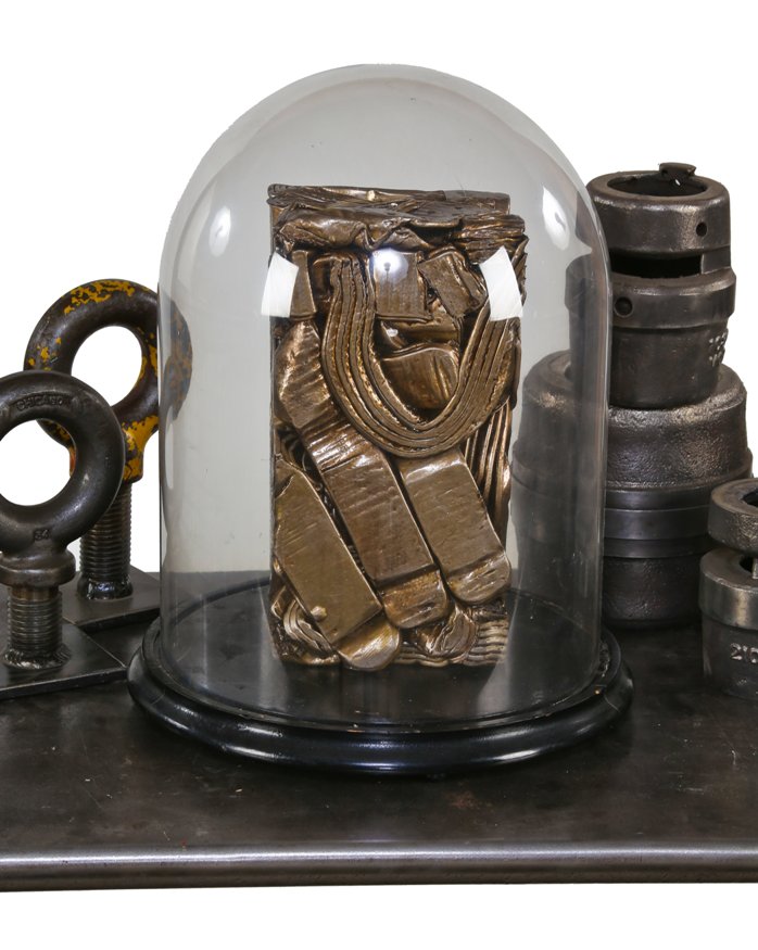 visually distinctive crushed brass metal "briquette" display object co ...